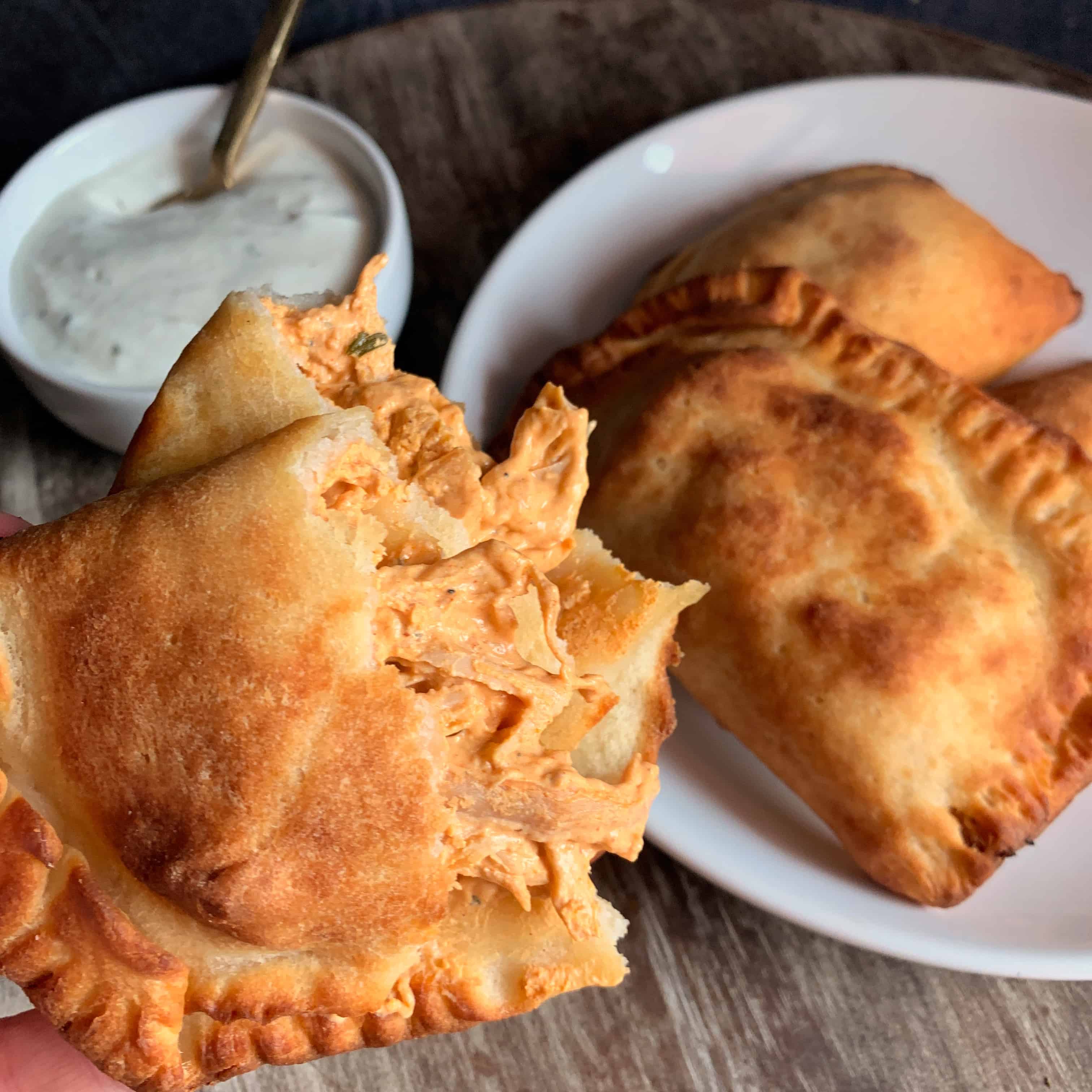 Baked Buffalo Chicken Empanadas with Low Calorie Ranch Dip