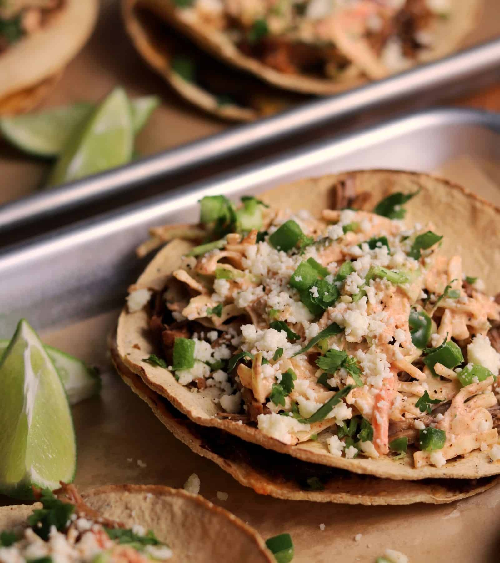 Double Stacked Barbacoa Beef Tostadas - Kinda Healthy Recipes