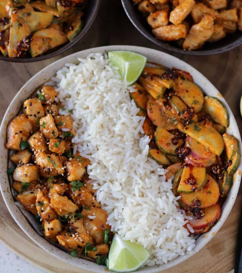 Sweet Chili Chicken Bites with Cucumber Crunch - Kinda Healthy Recipes