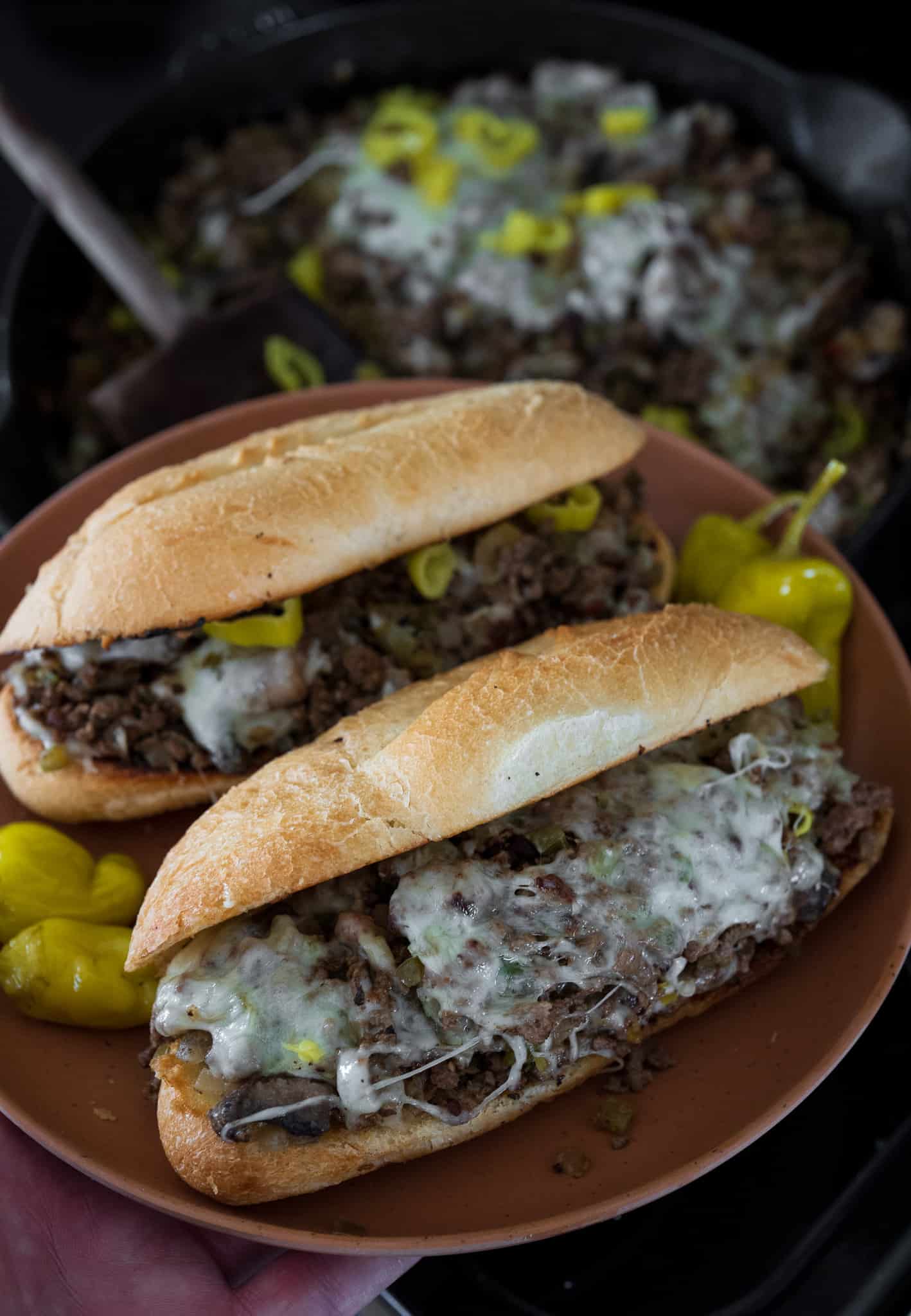 High Protein Ground Beef Cheesesteak Skillet