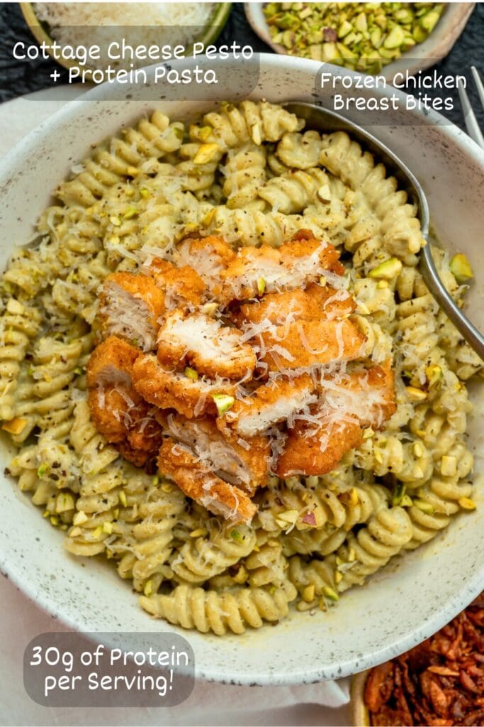 Creamy Pesto Cottage Cheese Pasta with Chicken (4 Ingredients)